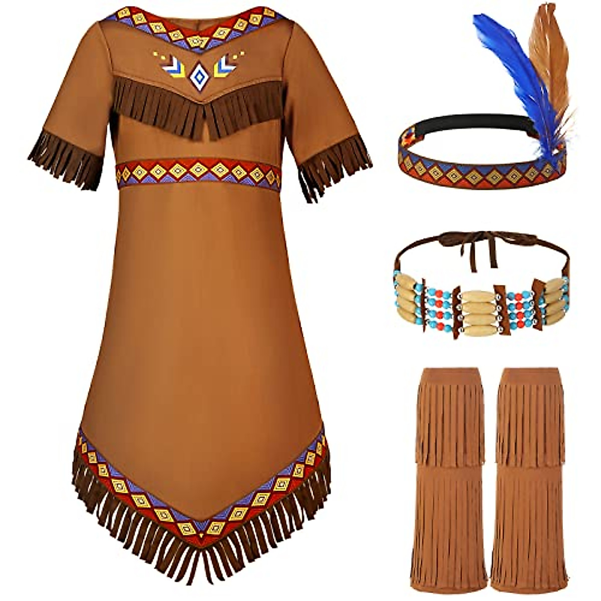 Boyiee 4 Pcs Mardi Gras Girl Native American Costume Set Indian Native Princess Costume for Carnival Halloween Cosplay Party (L)