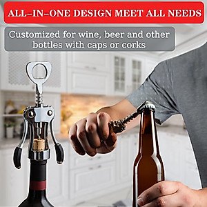 KORCCI Wine Opener, Wine Bottle Opener, Zinc Alloy Wing Corkscrew Heavy Duty, Cork Screw Beer Opener for Bartenders, Multifunctional Bottle Opener for Home Kitchen, Restaurant, Bar, Waiters