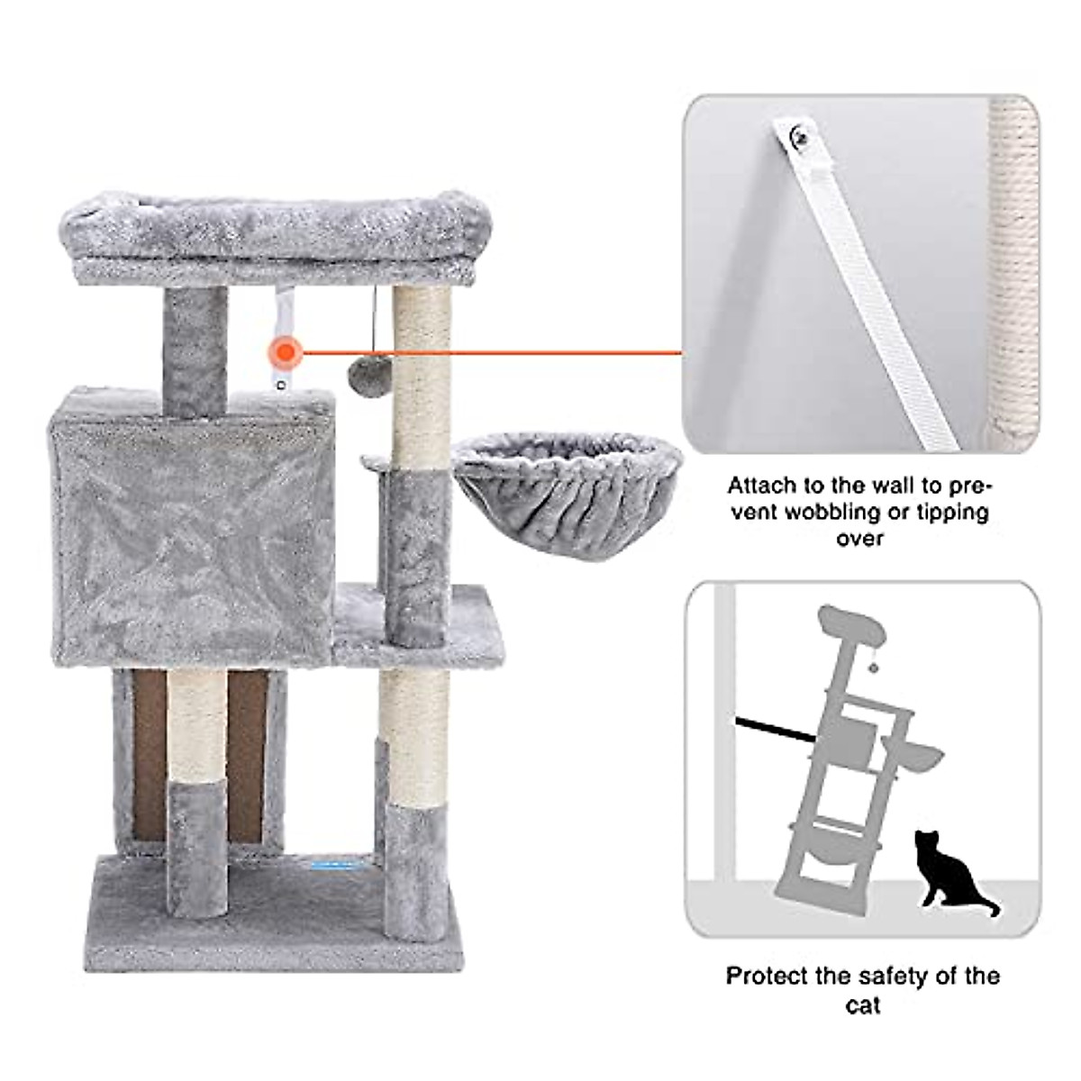 Hey-brother Cat Tree with Sisal Scratching Posts, Cat Tower with Scratching Board,Multi-Level Cat Condo with Basket,Light Grey MPJ014W