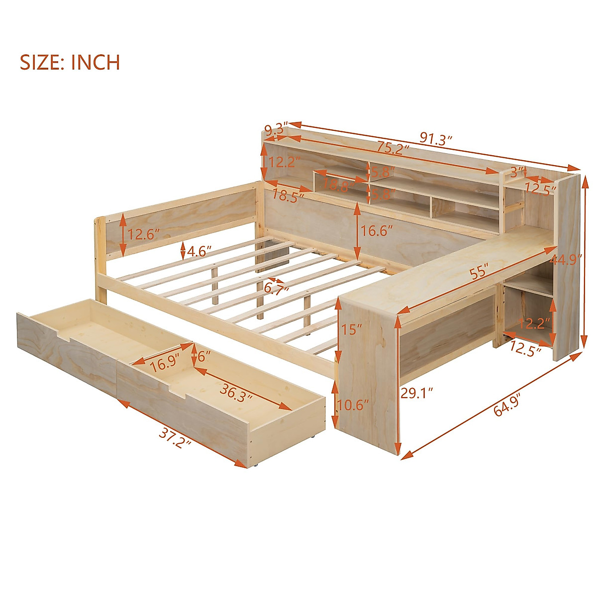 SOFTSEA Full Size Daybed with Bookcase & Drawers, Wood Daybed with Study Desk and Storage Shelves for Kids Teens Boys Girls, Full Storage Bed Frame with Bookcase Headboard, Natural