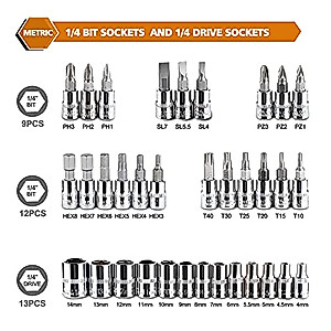 Egofine 46 Pieces 1/4 inch Drive Socket Ratchet Wrench Set, with Bit Socket Set Metric and Extension Bar for Auto Repairing and Household, with Storage Case