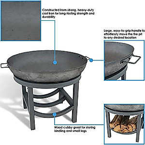 Sunnydaze 30-Inch Cast Iron Round Fire Pit Bowl with Built-in Log Rack - Wood Burning