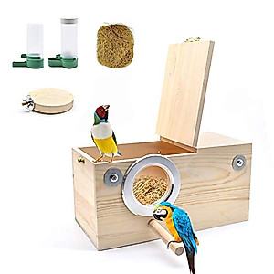 XonyiCos Wood Bird Nest for Cage, Parrot Nest Breeding Box, Pet House for Parakeet Budgie Cockatiel Lovebirds, Nesting Box with Perches, Feeder, Waterer, Natural Coconut Fiber (M(5.1x5.1x9.6in))