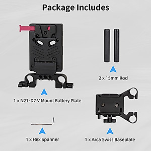 Nitze V Mount Baseplate with V Mount Battery Plate, 15mm Rod Clamp and Arca Swiss Baseplate (8V/3A DC, 14.8V/3A D-tap and PD 3.0 USB-C Output Ports) - N21-D7C