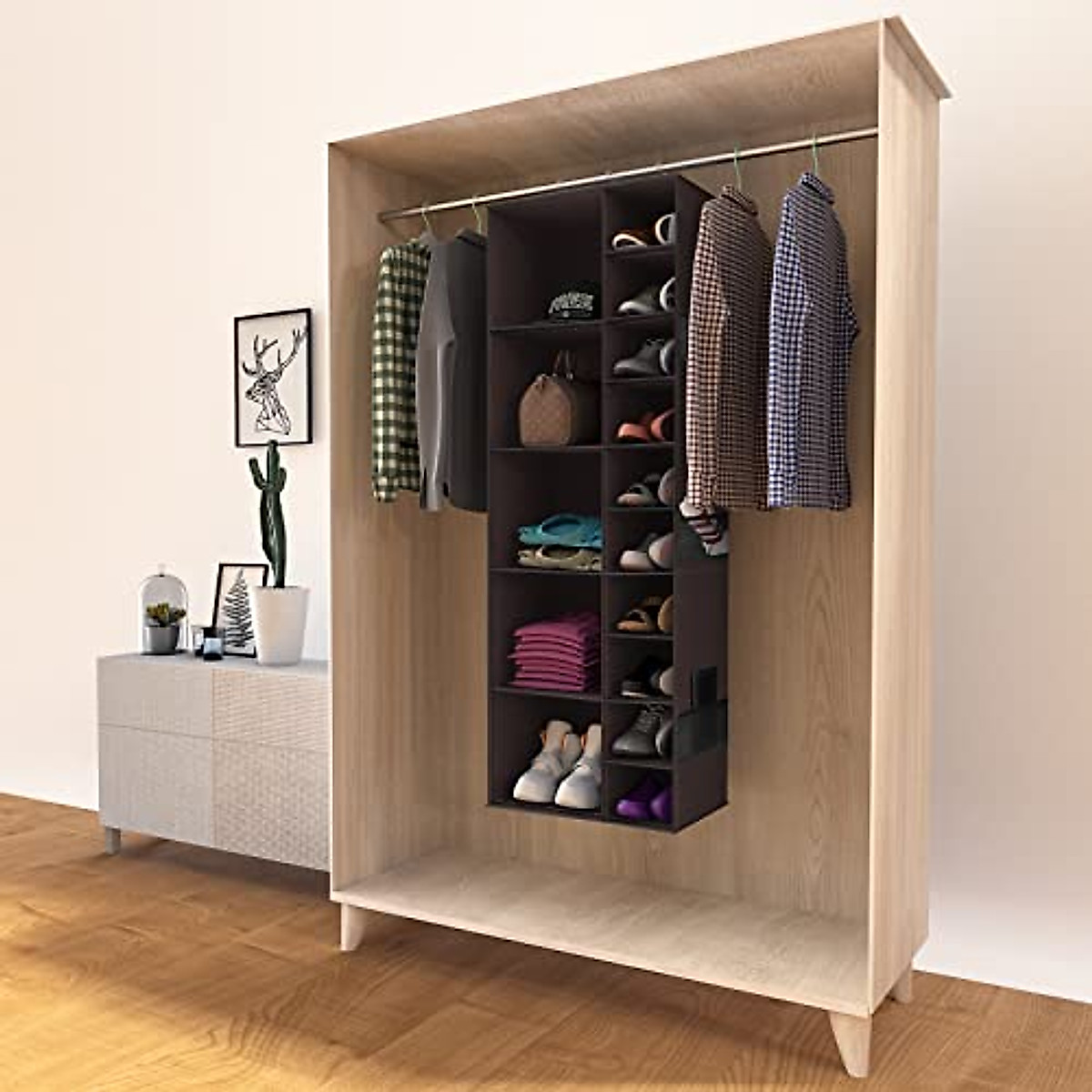 coastal rose Hanging Closet Storage Organizer, 15 Sections Closet Organizers and Storage Shelves Shoe Rack Holder Hanger, Coffee