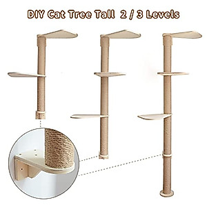 Wood Cat Tower Floor to Ceiling Adjustable, Cat Tree Tall Cat Scratching Post, Cat Wood Tree with 3-Tier Floor for Climb, Cat Climbing Tower Vertical with Natural Sisal Rope