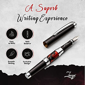 ZenZoi Black Fountain Pen Fine Nib - Beautiful Luxury Pen For Men Or Women With German Schmidt Nib, Converter, 2 Ink Refills (Blue & Black) & Pen Gift Box. Nice, Executive Pens For Smooth Writing