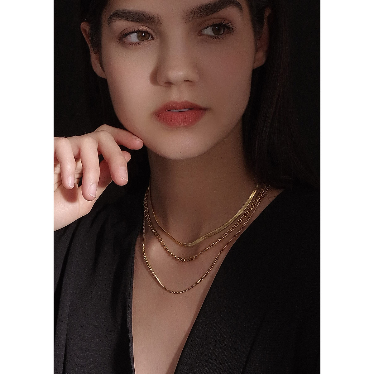 Elegance 11 designs 14k Gold Layered Herringbone Figaro Chain Necklaces Set For Women Real Gold Plated Stainless Steel Choker Flat Snake Chain Gold Non Tarnish Jewelry For Women