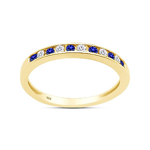 Round White Natural Diamond & Simulated Blue Sapphire Half Eternity Engagement Wedding Band Ring In 14K Yellow Gold Over Sterling Silver For Women (Clarity I2-I3, Color : I-J, 0.23 Cttw) Ring Size-6