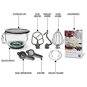 Kenmore Elite Ovation 5 Qt Stand Mixer, 500 Watts, with Revolutionary Pour-In Top, Tilt Head, Flat Beater, Whisk, Dough Hook, 360-degree Splash Guard, Glass Bowl, LED Light, Metallic Grey