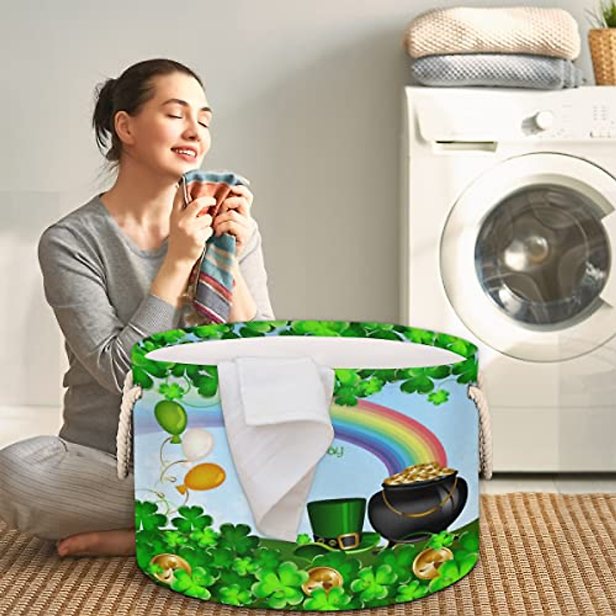 St Patrick's Day Rainbow Large Round Baskets for Storage Laundry Baskets with Handles Blanket Storage Basket for Bathroom Shelves Bins for Organizing Nursery Hamper Girl Boy