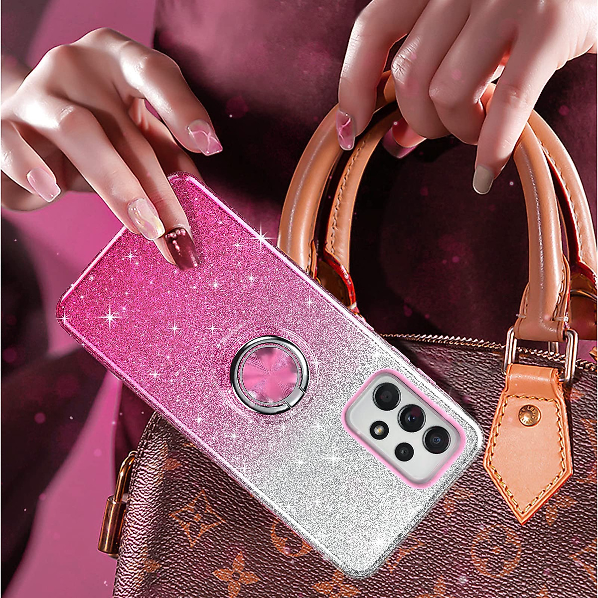 PeeTep Galaxy A52 5G Case for Girls Women, Slim Fit Glitter Sparkly Case with 360°Ring Holder Kickstand Magnetic Car Mount Shock-Absorbent Protective Sturdy Cover,Pink