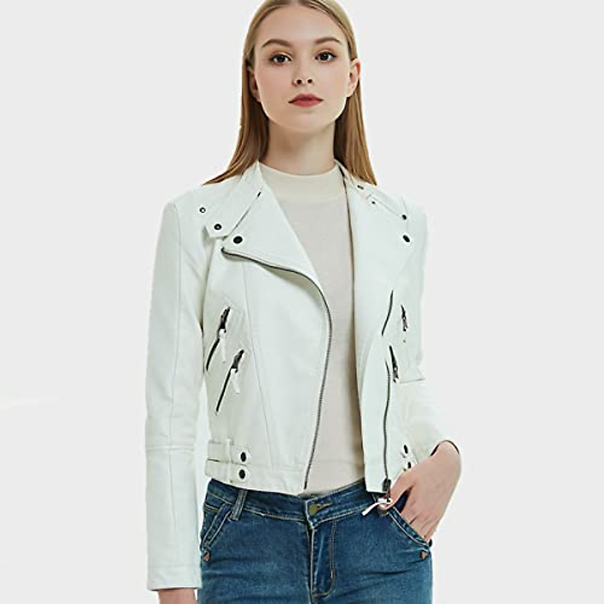 Gatti Women's Faux Leather Jackets Short Coats Slim Zipper Jacket White S