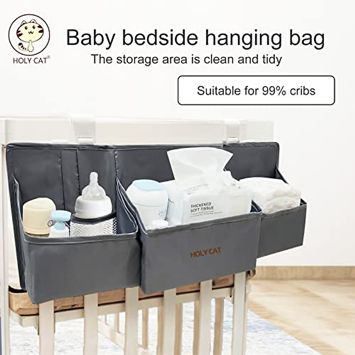 Holy Cat Hanging Baby Diaper Caddy Organizer with Paper Pocket for Changing Table Crib Playard Organization Nursery Organization Hanging Nursery-Grey…