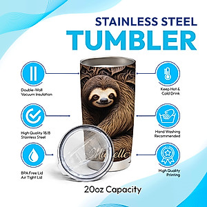 Hyturtle Personalized Gifts For Sloth Lover - Sloth Printed 2D Custom Name Stainless Steel Tumbler 20oz With Lid - Idea Animal Lover Gifts For Women Girl On Birthday, Christmas