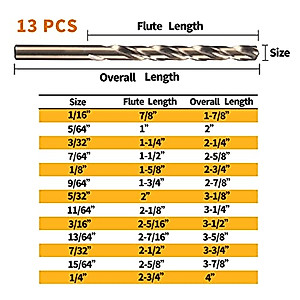RCINDUS 13PCS Cobalt Drill Bit Set 1/16"-1/4", HSS M35 Metal Drill Bits for Steel, Stainless Steel, Cast Iron, Hard Plastic and Wood