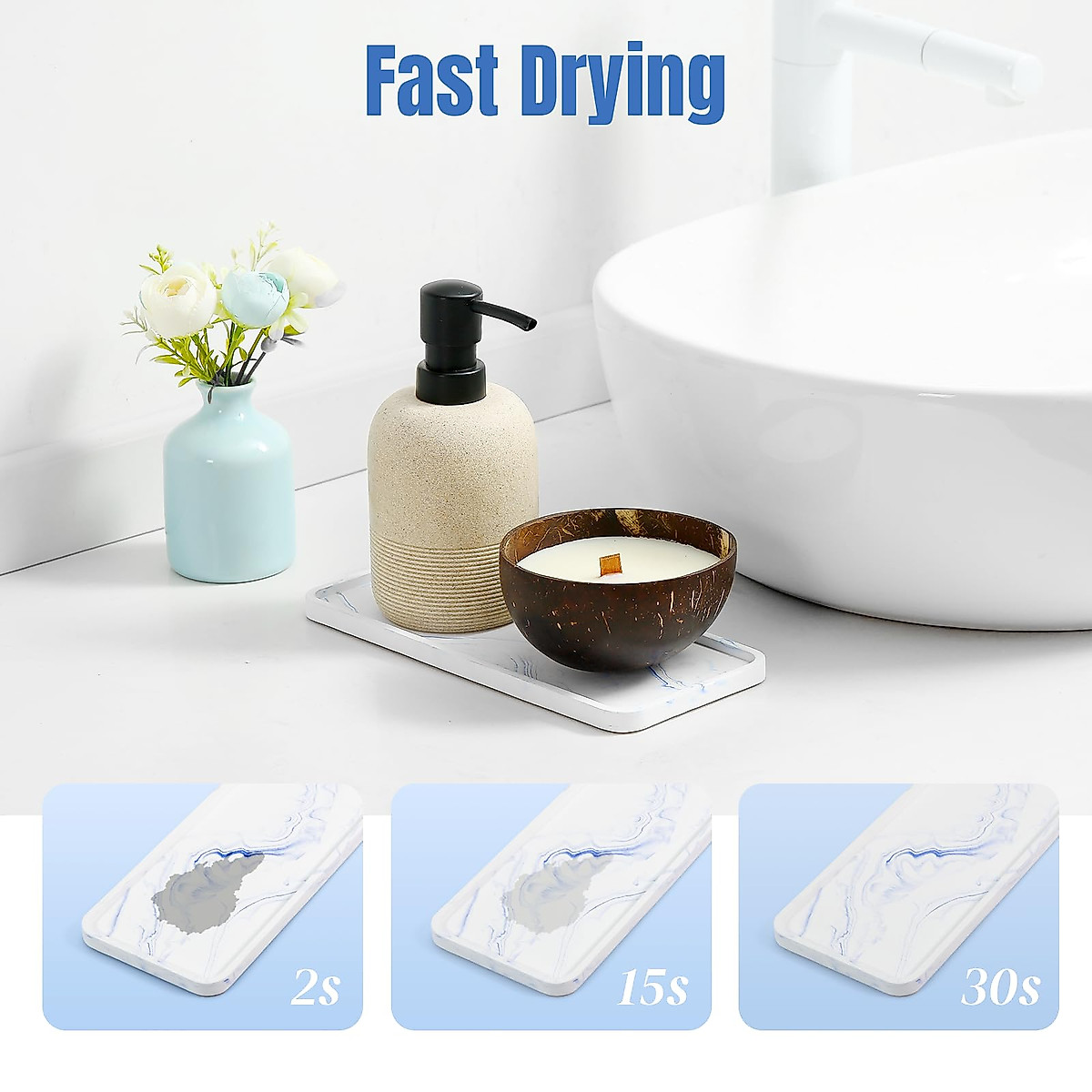 Plentio 9" Stone Rectangle Bathroom Tray for Counter - Unique Luxury Decor Gift-Diatomaceous Earth Tray for Bathroom, Kitchen - Countertop Organizer for Jewelry, Perfume, Candles