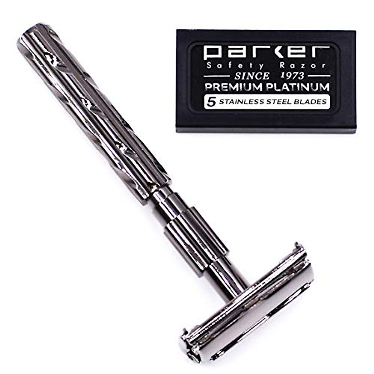Parker 22R Gunmetal Finish Butterfly Open Double Edge Safet Razor for Men, 5 Parker Premium Platinum Double Edge Razor Blades Included