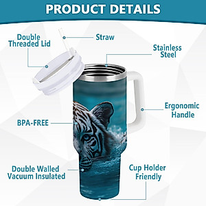 Qilmy 40 oz White Tiger Tumbler with Handle and Straw Lid for Water Iced Tea or Coffee, Stainless Steel Insulated Leak-proof Travel Coffee Mug Cup Gifts