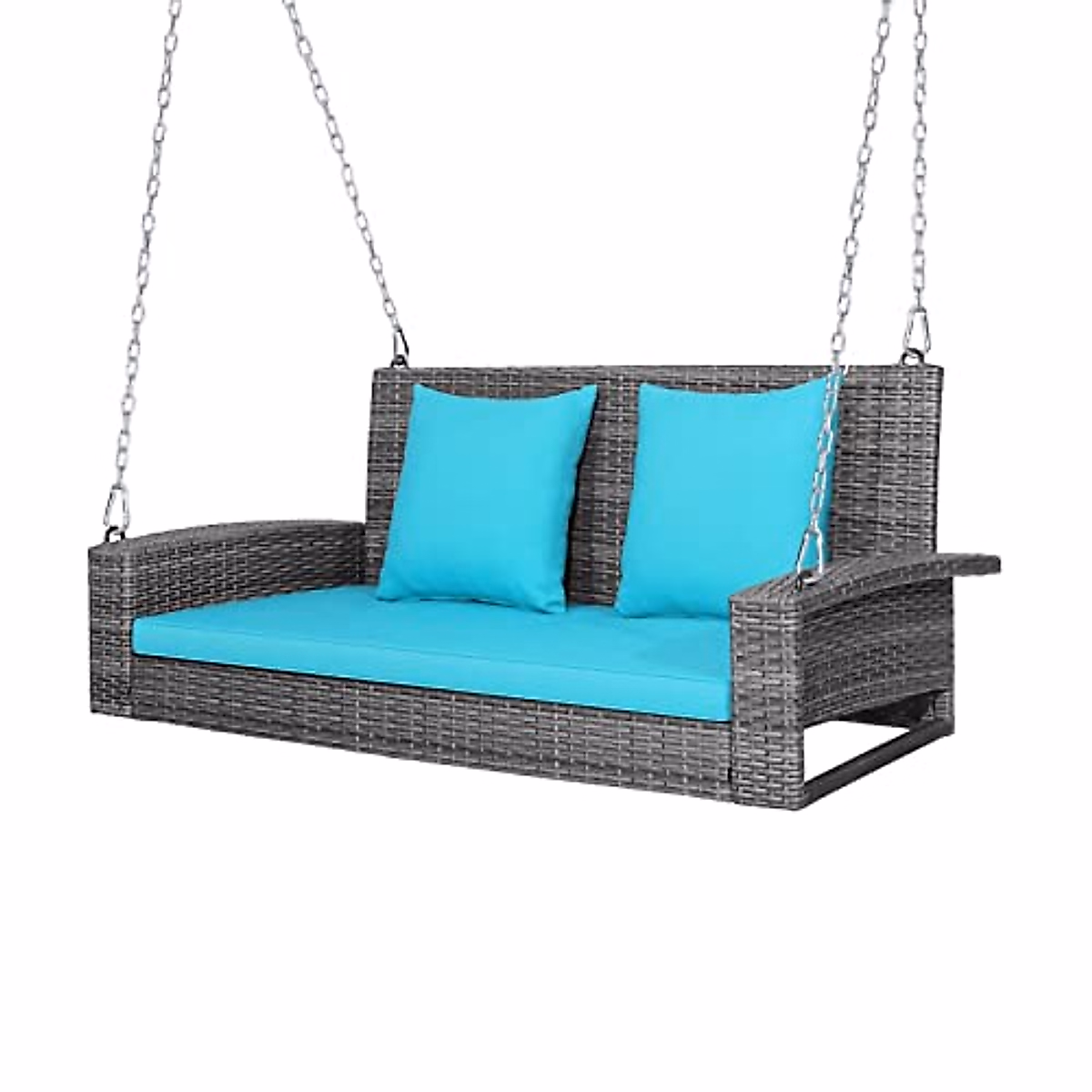 UIIAIOUIAIO 2-Person Wicker Hanging Porch Swing Bench, Front Porch Swing Outdoor Chair with Cushions 800lbs Weight Capacity for Backyard, Garden (Turquoise)