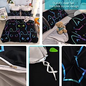 Cartoon Cat Comforter Cover Set King Size,Gradient Line Cat Bedding Set,Cute Cat Duvet Cover Set with Zipper for Teens Kids Boys Girls Adults Room Decor,1 Quilt Cover 2 Pillow Cases No Comforter,Black