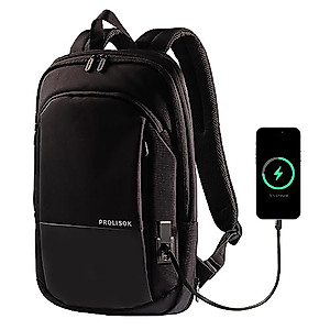PROLISOK Laptop Backpack – Slim & Expandable for 15.6-16 inch Computer – Water Resistant & Lightweight Bag with USB Type-C Charging – Casual Black Backpack for Travel, Business, Office