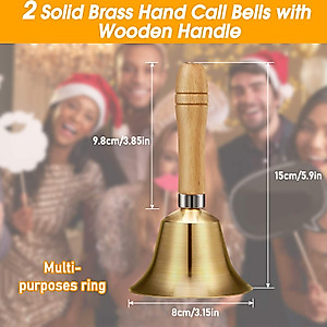 2 Pieces Solid Brass Hand Call Bells with Wooden Handle Handbells Loud Ringing Bell Hand Held Service Bell Animal Bell Decoration(3.15 x 3.15 x 5.9 Inch)