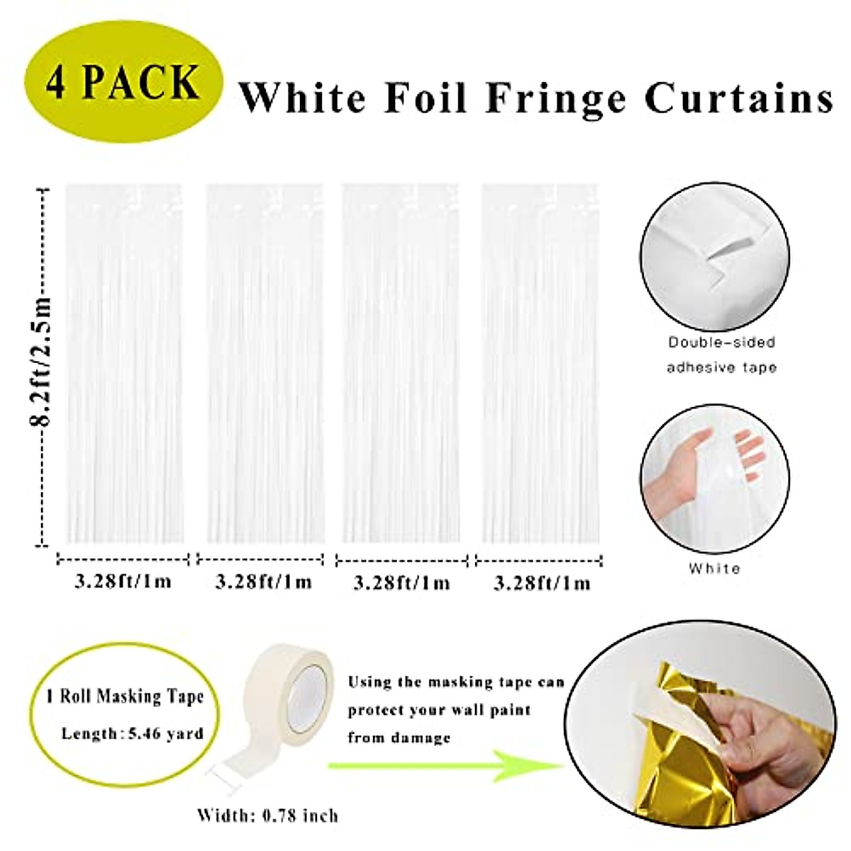 Muhome White Foil Fringe Curtain, 4PCS 3.28FT x 8.2FT Tinsel Door Curtains & 1 Masking Tape Fringe Backdrop for Wedding Birthday Bridal Shower Bachelorette Easter Party Decorations
