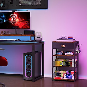 Hongtamoya 4-Tier AV Media Stand with Drawer, Video Game Console Shelf with 2 Hooks, Audio Rack Tower Perfect for/Xbox/ PS5/Switch/Game Consoles/DVD/Record Player/Projector/Sky Box/TV Accessories