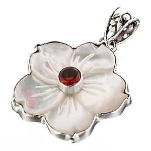 White Mother of Pearl Flower Shell Garnet 925 Sterling Silver Pendant, 1 7/16"