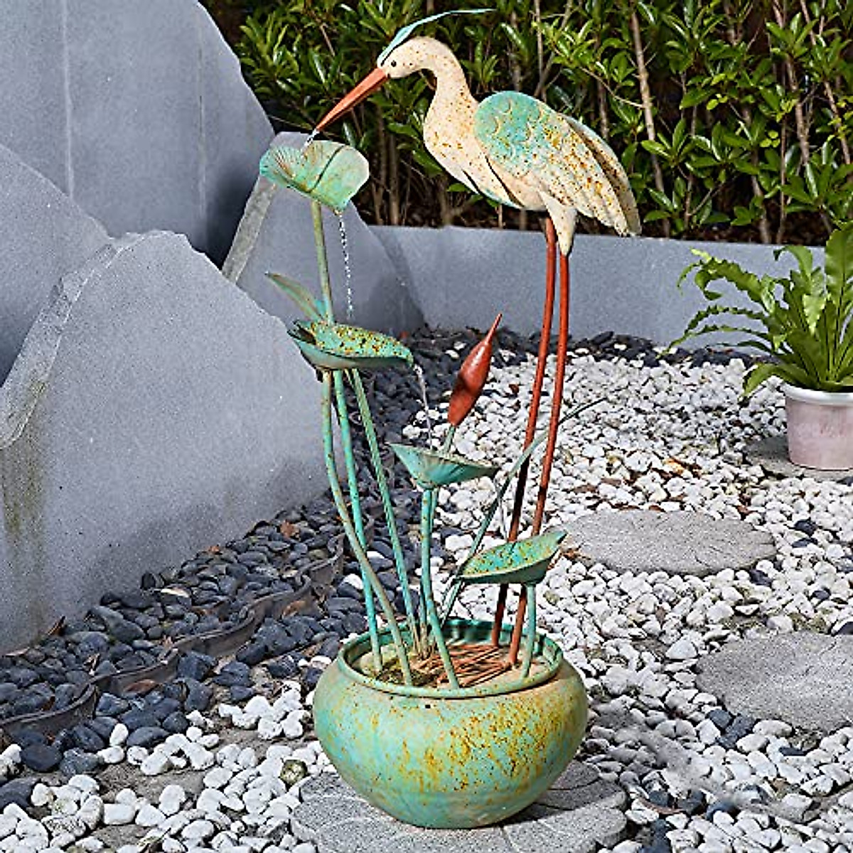 Glitzhome 37" H Garden Waterfall Fountains with Pump, Antique Green Metal Pelican Tiered Outdoor Cascading Floor-Standing Water Fountain for Porch Deck Patio Backyard Home Art Decor