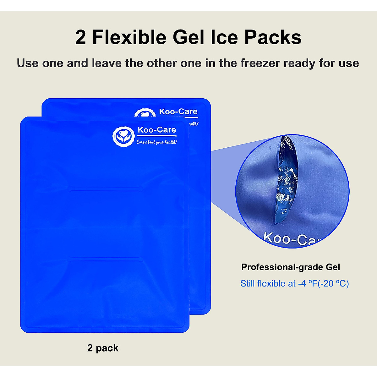 Koo-Care Large Flexible Gel Ice Pack for Injuries Reusable Hot Cold Compress - Fit for Shoulder Arm, Back, Hip, Knee, Shin, Foot Pain Relief, Swelling, Physical Therapy (L, 11" x 14") Pack of 2