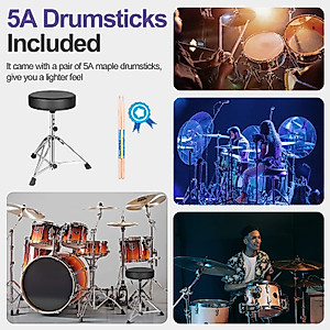 OUKMIC Drum Throne, Comfortable Adjustable Height Padded Drummer Stool, Tripod Non-Slip Foot Chair, Portable Folding Music Seat for Adults Kids, 5A Drumsticks Included