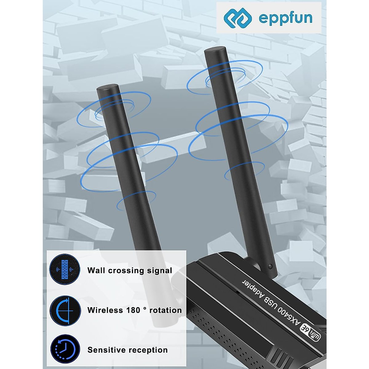 eppfun WF06E WiFi 6e 5400Mbps USB3.0 Adapter for PC/Desktop/Laptop, WiFi Stick Dongle with 2.4GHz/5GHz/6GHZ, Auto Driver, MU-MIMO, Low- Latency, Supports Win11/10