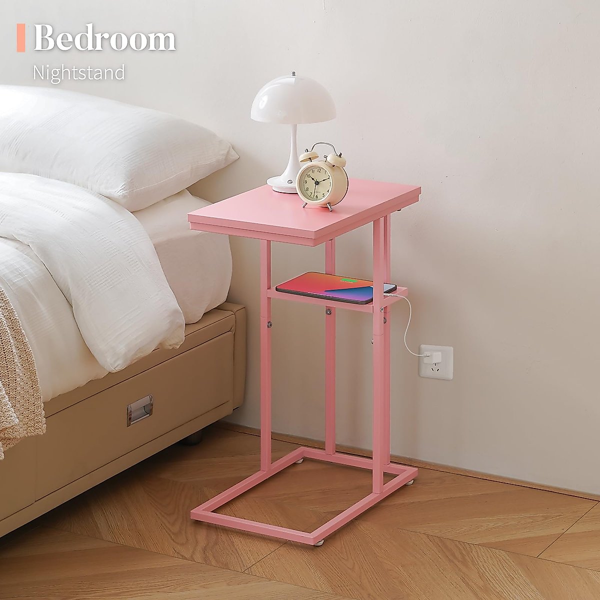 Yoobure C Shaped End Table, Side Table for Couch and Bed, Small Side Table for Small Spaces, Living Room, Bedroom, Rustic Snack Table