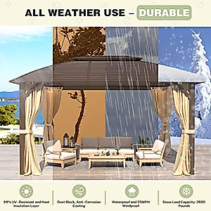 Aluminum Outdoor Gazebo 10X13 with Hardtop Polycarbonate Double Roof, Sturdy Hardtop Sun Shade Canopy, Metal pergola w/Hook Design for Deck Backyard Wedding Garden, Grill Gazebo w/Curtains and Netting