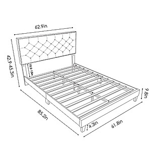 HOSTACK Queen Upholstered Platform Bed Frame, Grey, Wood and Steel