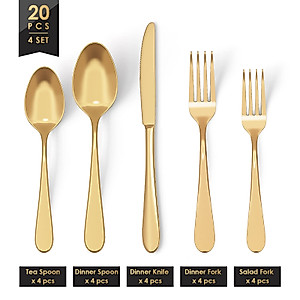 Moretoes 20Pcs Gold Silverware Set for 4, Stainless Steel Cutlery Set, Mirror Polished Flatware Sets for Home and Restaurant, Include Knife Fork Spoon Set, Dishwasher Safe