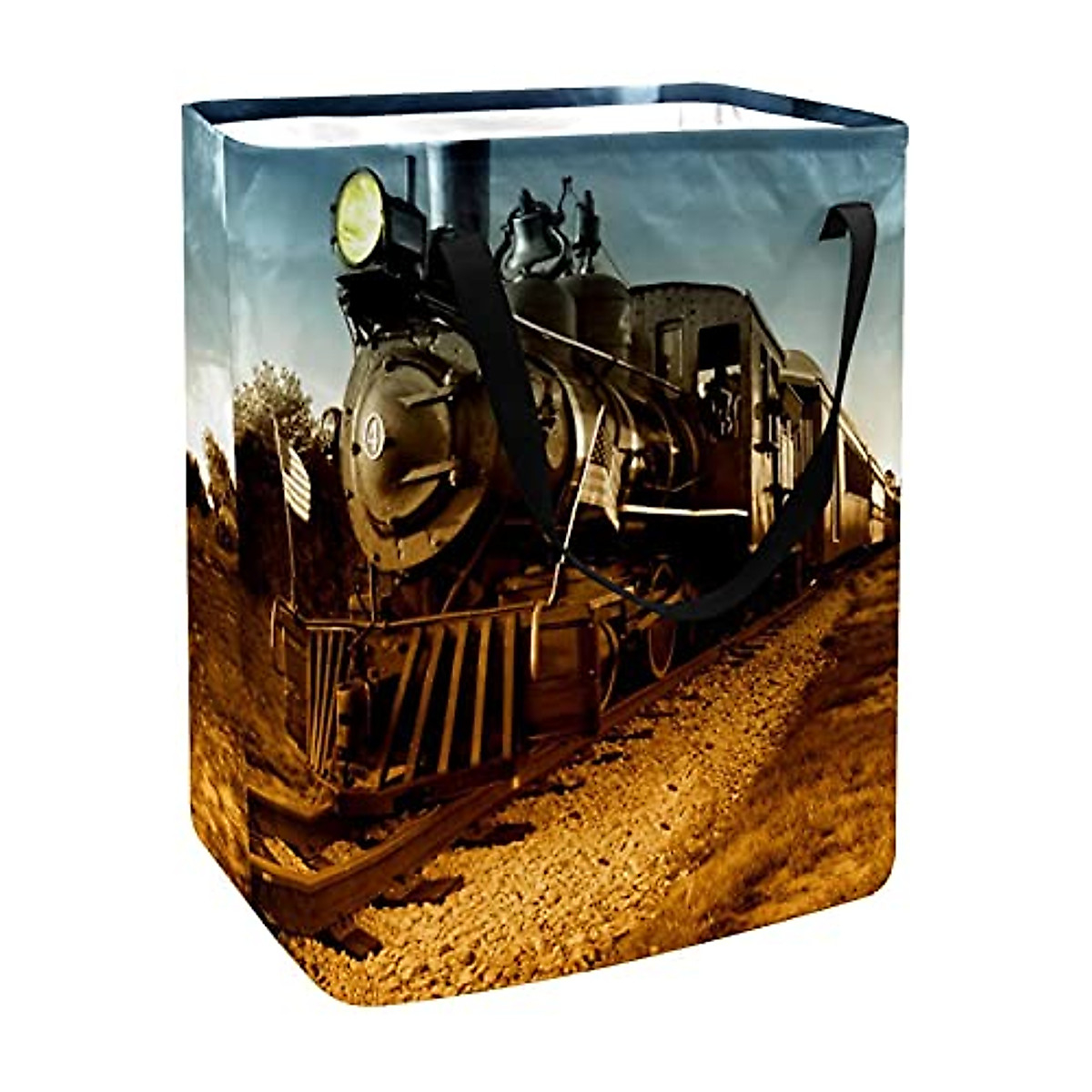Vintage Train Steam Locomotive Laundry Basket Large Cloth Organizer Bag Basket Foldable Laundry Hamper with Handles