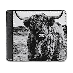 Donnapink Black White Scottish Highland Cow Vintage Style Leather Bifold Wallet Coin Purse Soft Stylish Credit Pass Case Card-Holder for Boy Girl Men Woman Money Storage