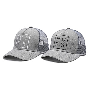 Heather Gray Hubs and Wife Trucker Hats Set of 2 Engagement Gifts for Couples Honeymoon Essentials/Outfits Baseball Caps Mr and Mrs Snapback Bride and Groom Gifts His and Hers Hats Wedding Gifts