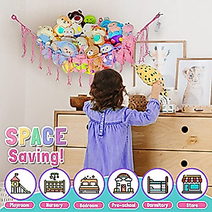 Stuffed Animal Hammock Storage with lights, 2 Pack Hanging Plush Net Hammock for Dolls, Teeniewins Wall Corner Net Holder with Dual Mode Star Light, Jumbo Toys Hammock for Nursery, Bedroom Decor