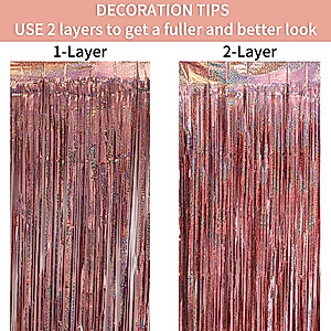 Vanujoy 2 Pack Iridescent Rose Gold Tinsel Foil Fringe Backdrop Curtains - Wall Door Party Decorations for Birthday Bachelorette Engagement Bridal Shower