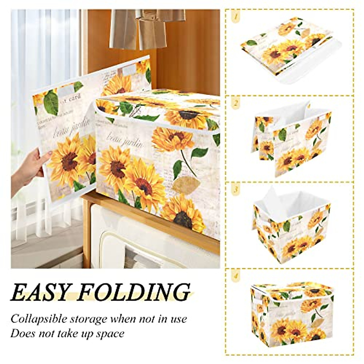 Decorative Storage Bins for Closet, Sunflower Retro Pattern Collapsible Storage Baskets with Lids and Handles for Shelves Closet Home Decor