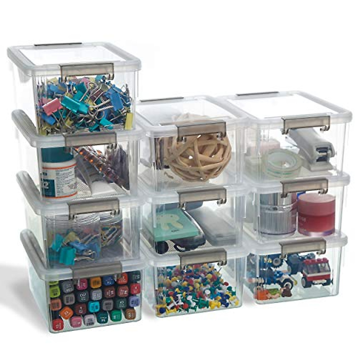Citylife 2 PCS Storage Bins with Bamboo Lids & 10 PCS 1.3 QT Small Plastic Storage Container Stackable Box for Organizing