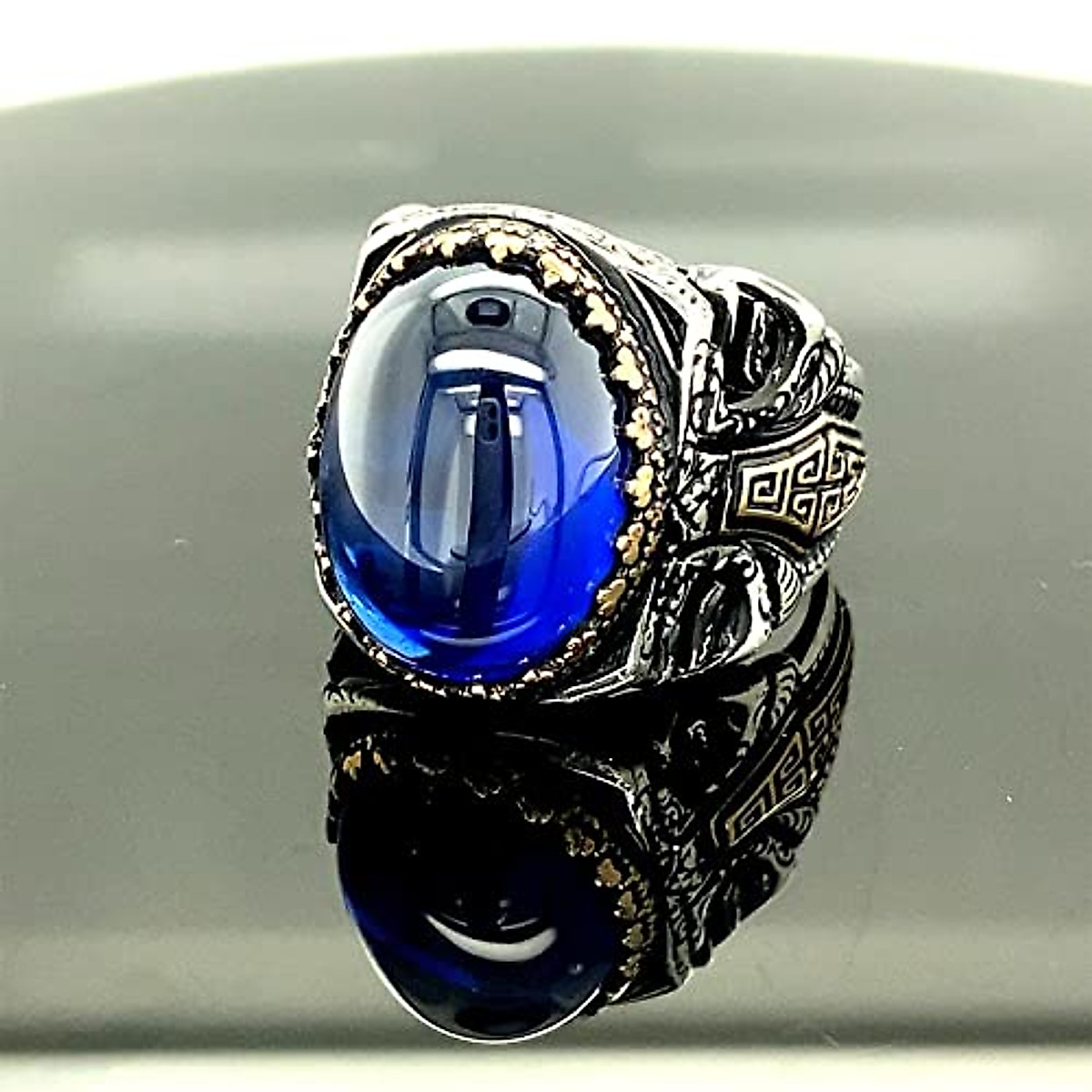 Sapphire Stone Ring, Men Handmade Silver Ring, Greek Style Ring, Handcrafted Ottoman Men Rin
