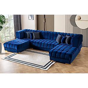 STAFFORA Sectional Sofa, Double Chaise Oversized U Shaped Couch, Ariana 7 Seater Velvet Sofa for Living Room (Blue)