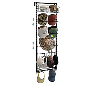Yociyoga Metal Hat Racks for Baseball Caps, Over the Door Hat Organizer Hat Holder with Door Hooks & 17 Hat Hooks, Adjustable Tier Height Hat Hanger Hat Storage with Storage Basket, Black