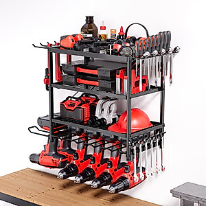 CATCHLUCK Power Tool Organizer Power Tool Storage 6 Drill Holder Wall Mount, Heavy Duty Metal Power Tool Rack 4 Layer 12 Hooks Tool Organizer