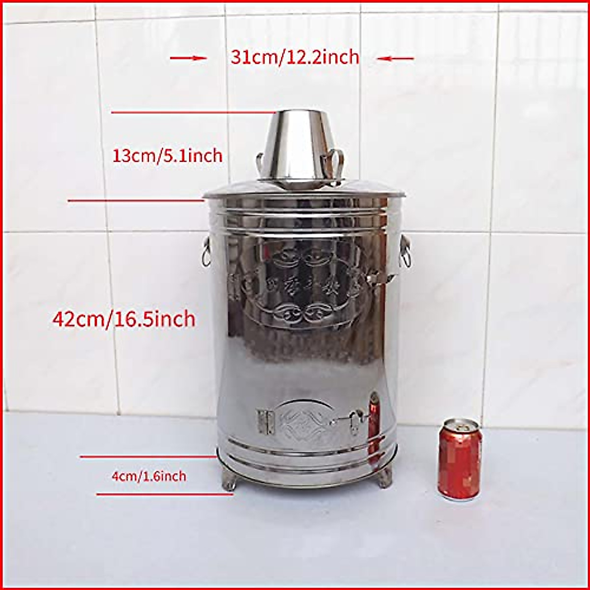 35L Stainless Steel Burn Barrel for Branches with Rack and Hook,Garden Incinerator Outdoor Bin for Burning Trash Leaf Yard Waste Debris Paper,Silver,35L